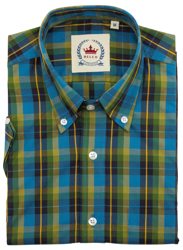 Relco Mens Blue Multi Checked Short Sleeved Button Down Shirts – Mazeys UK
